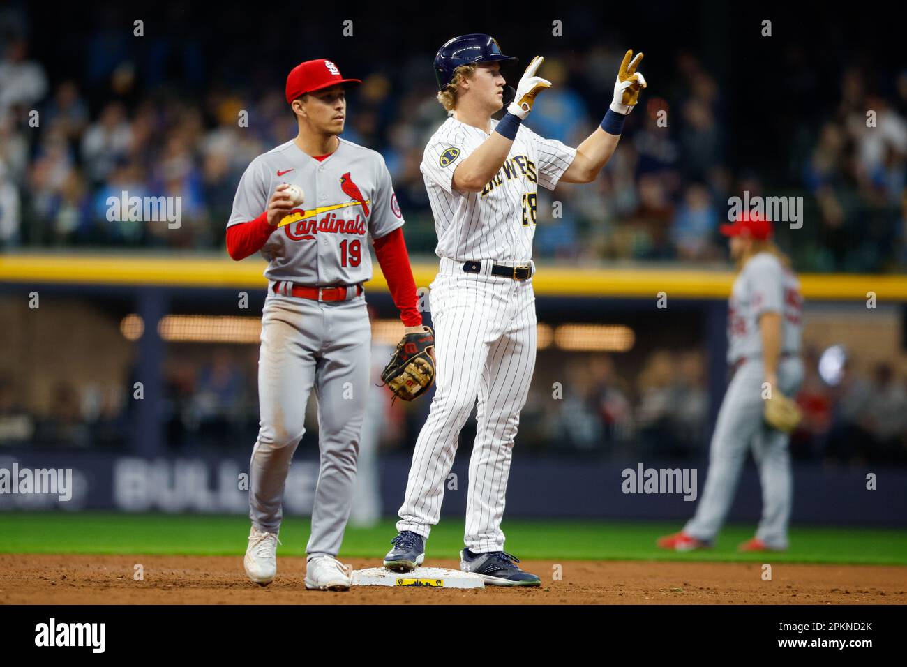 April 8, 2023: Milwaukee Brewers center fielder Joey Wiemer (28) hits a ...