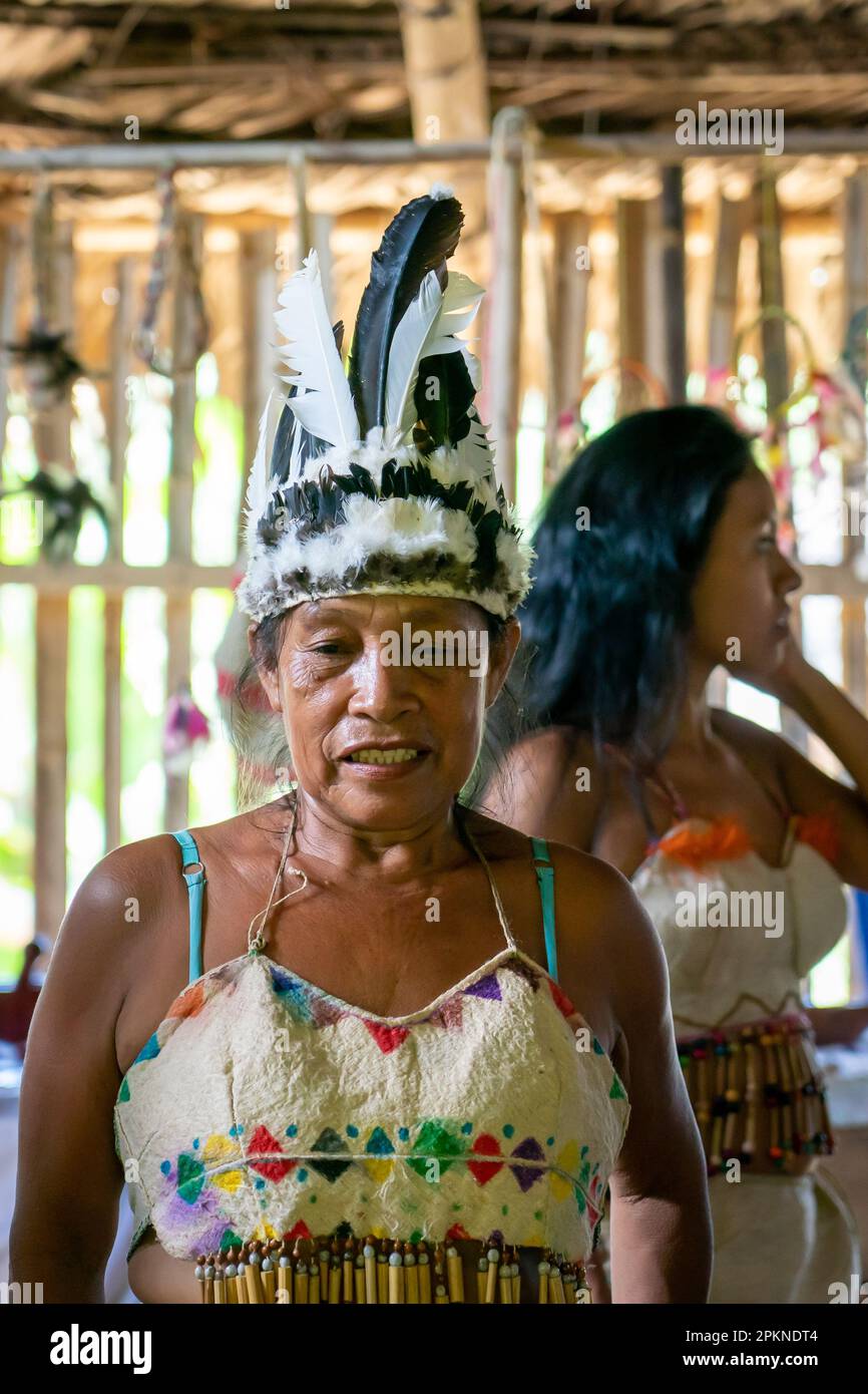 Ticuna women of Colombia reenact traditional dancing and music Stock ...