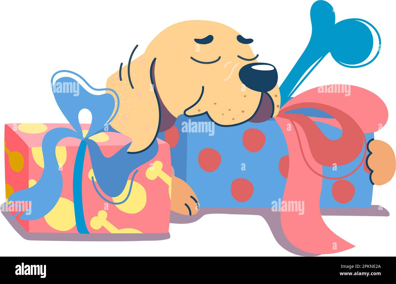 Sleeping Labrador, vector illustration. Cute puppy sleeps on gifts ...
