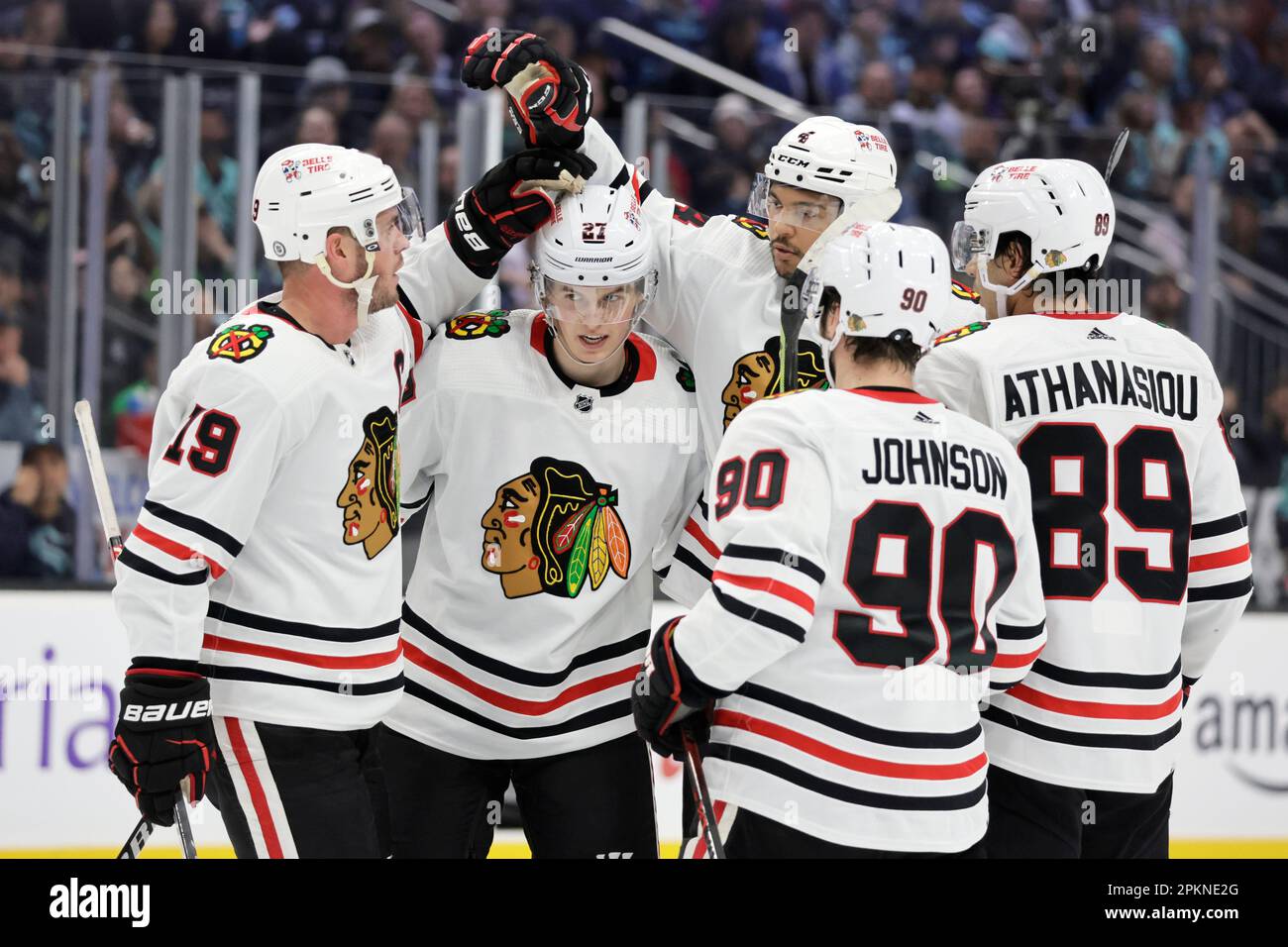 Chicago Blackhawks defenseman Seth Jones, third from left, celebrates ...