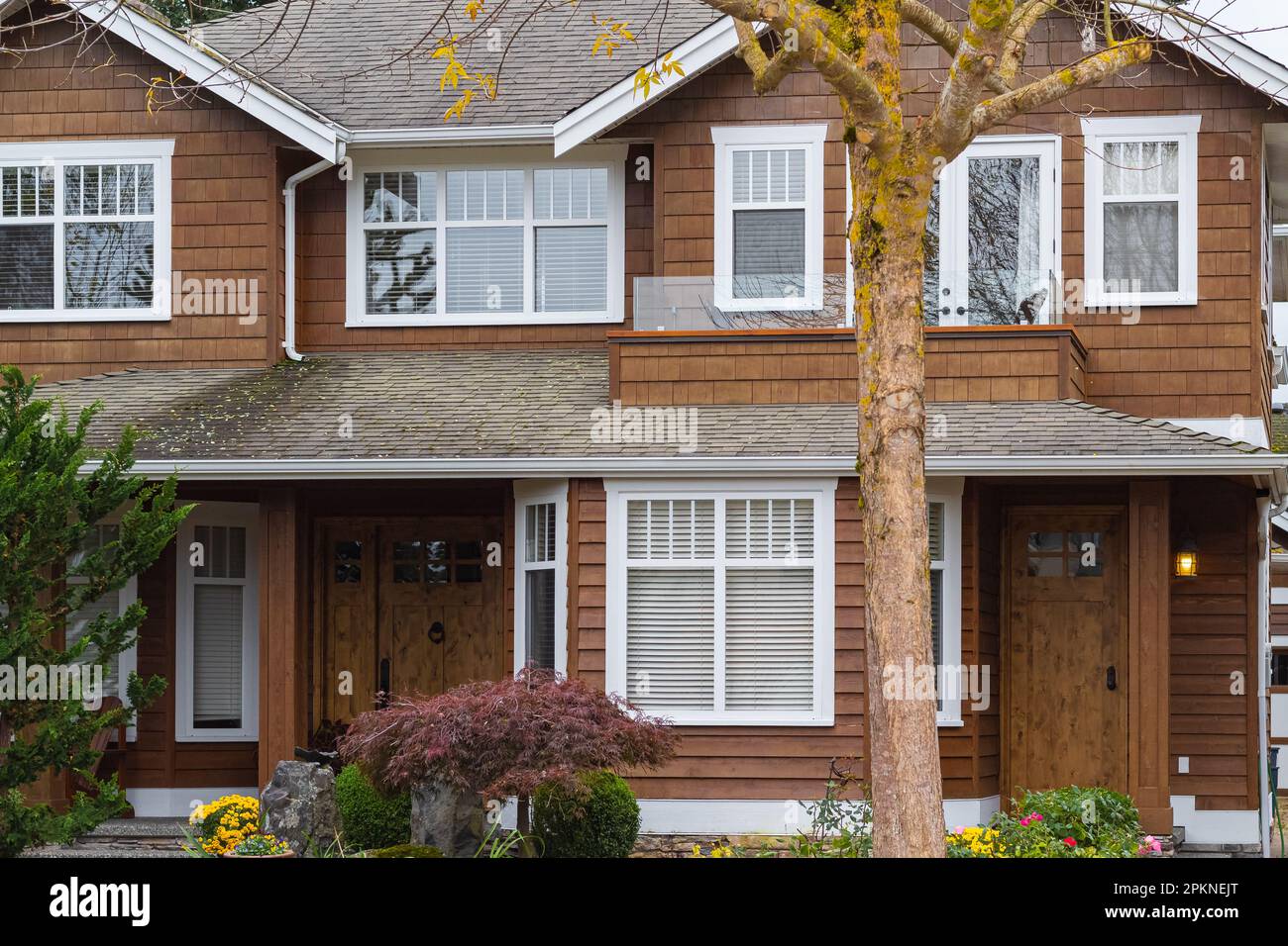 Part of the facade of a wooden house in modern style. Wooden Paneles ...