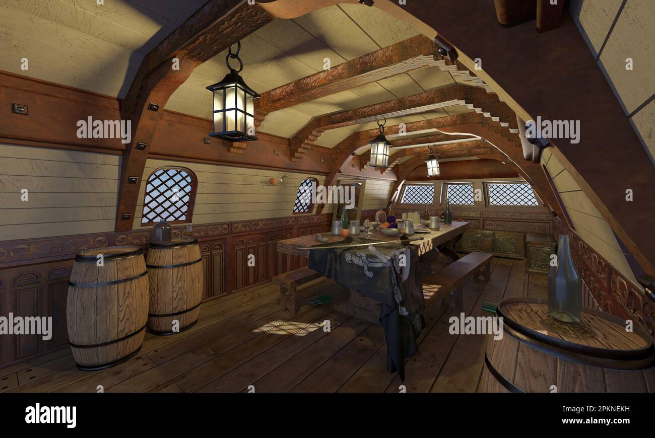 3D illustration old pirate ship cabin interior Stock Photo - Alamy