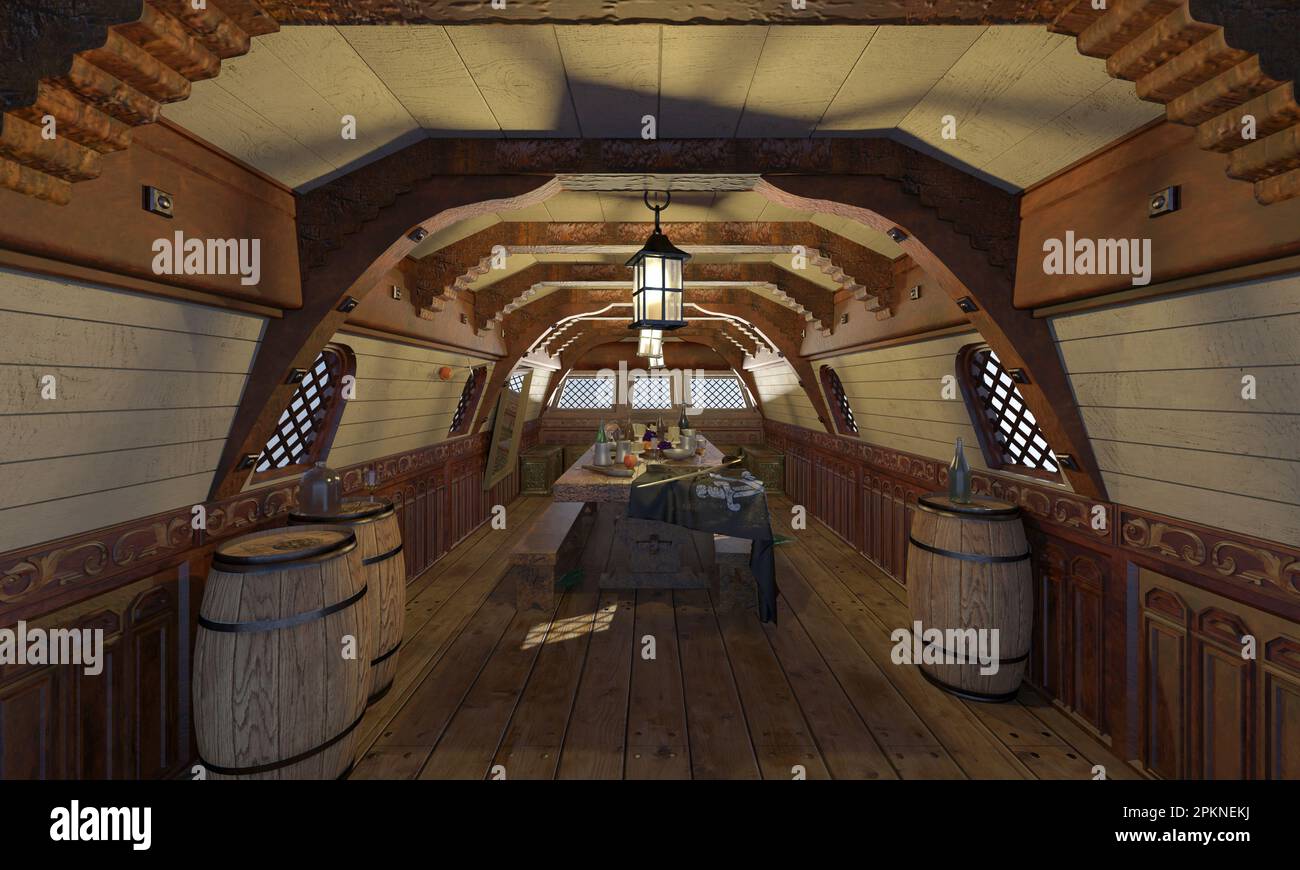 3D illustration old pirate ship cabin interior Stock Photo - Alamy