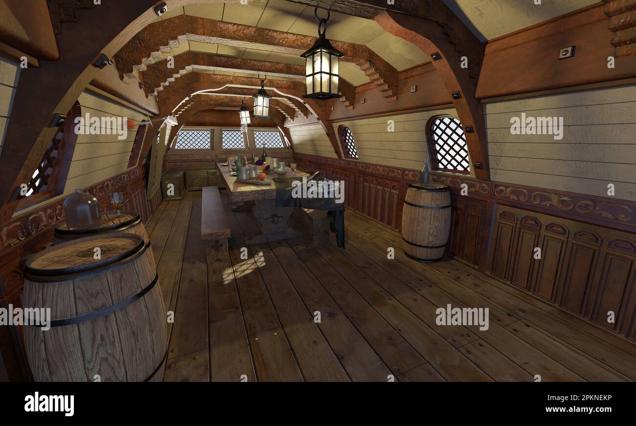 3D illustration old pirate ship cabin interior Stock Photo - Alamy