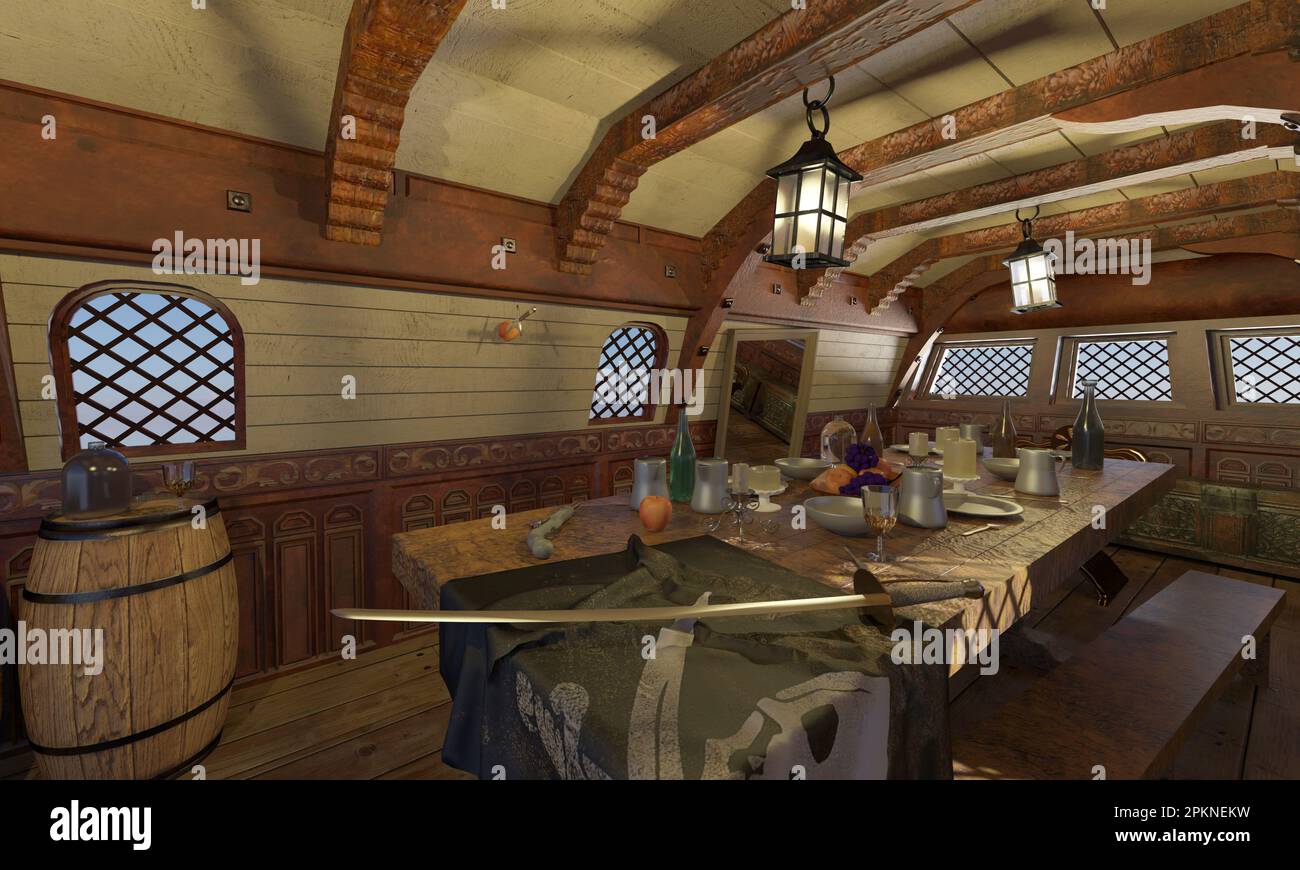 3D illustration old pirate ship cabin interior Stock Photo - Alamy