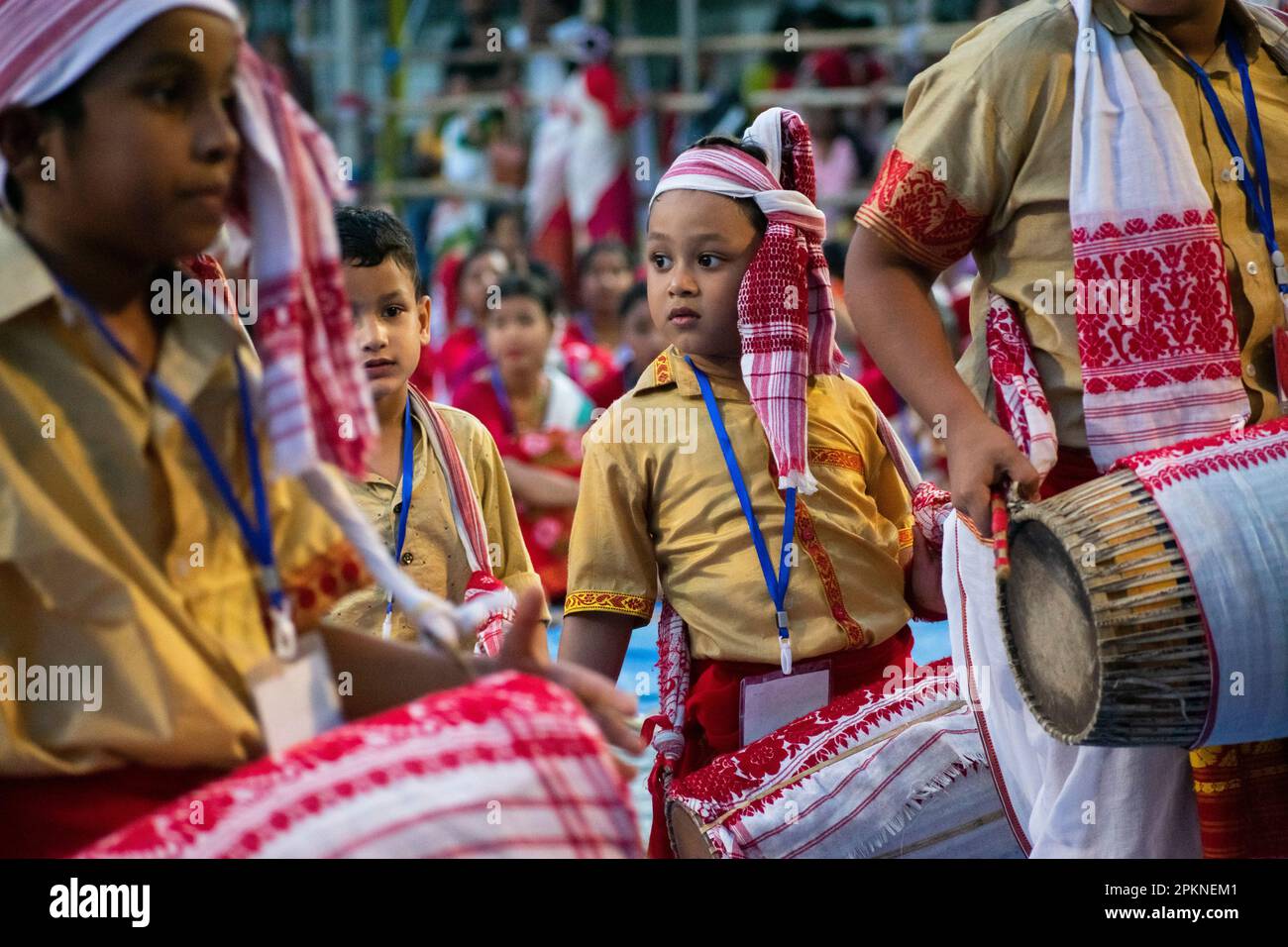 Guwahati, Assam, India. 8th Apr 2023. Children playing Dhol (Drum) as ...