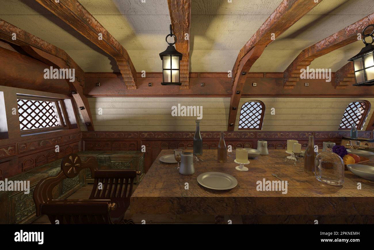 3D illustration old pirate ship cabin interior Stock Photo - Alamy