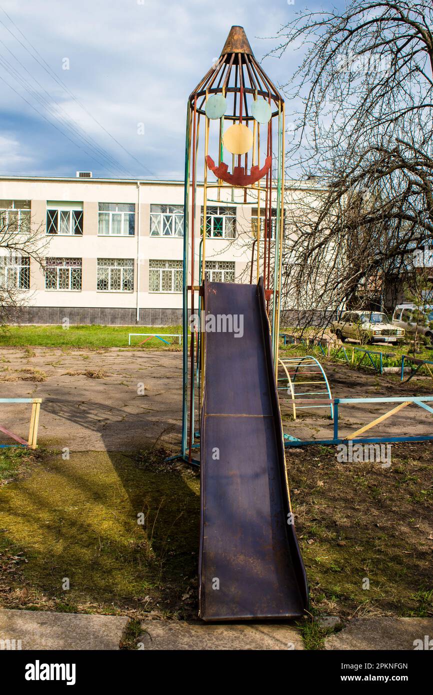 Abandoned playground located in Sloviansk. The children can no longer ...