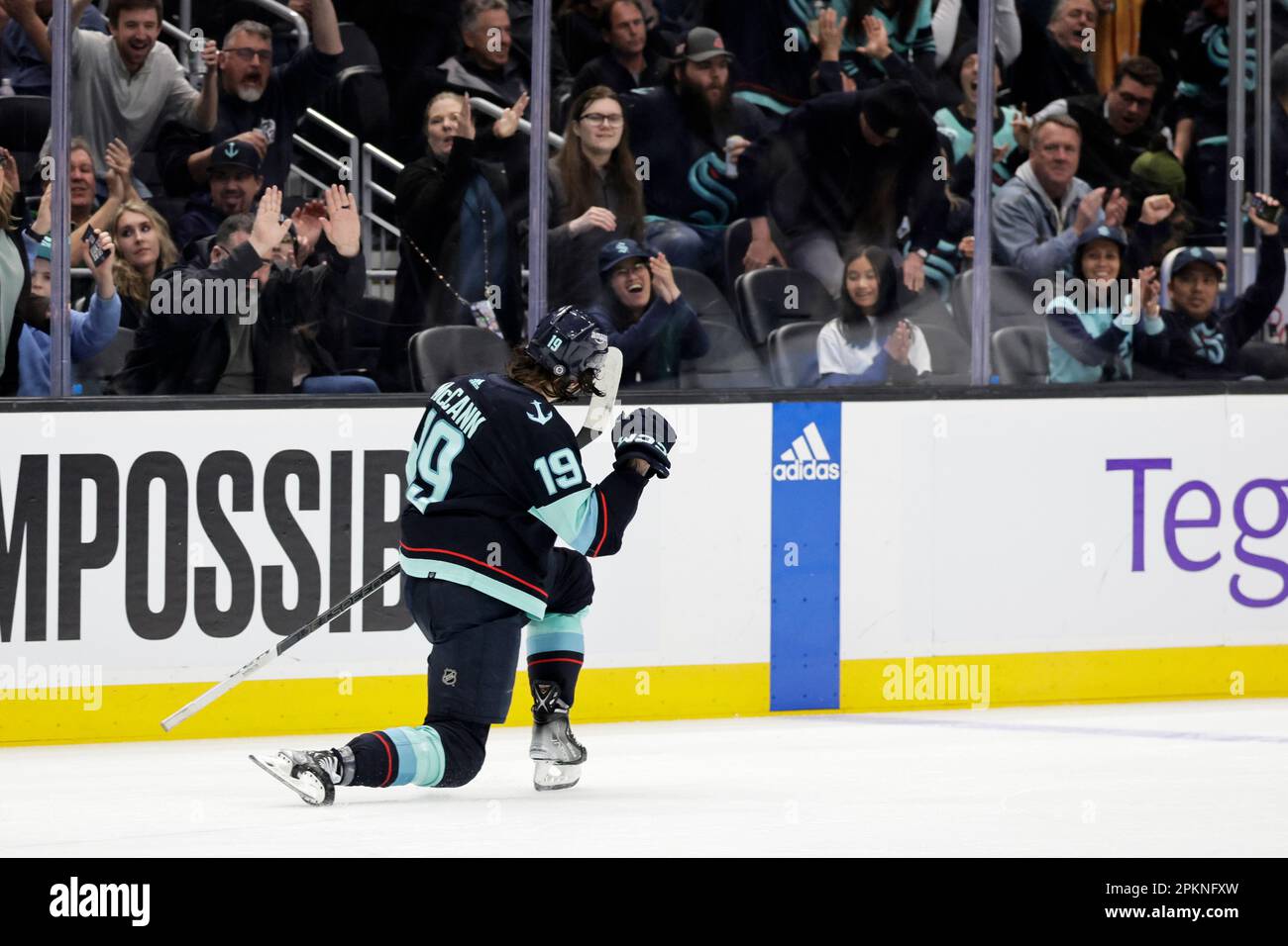 Seattle Kraken left wing Jared McCann (19) pumps his first to the crowd ...