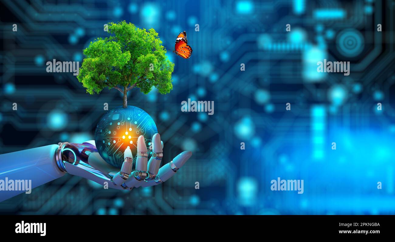 Robot hand holding Tree on digital ball with technological convergence ...