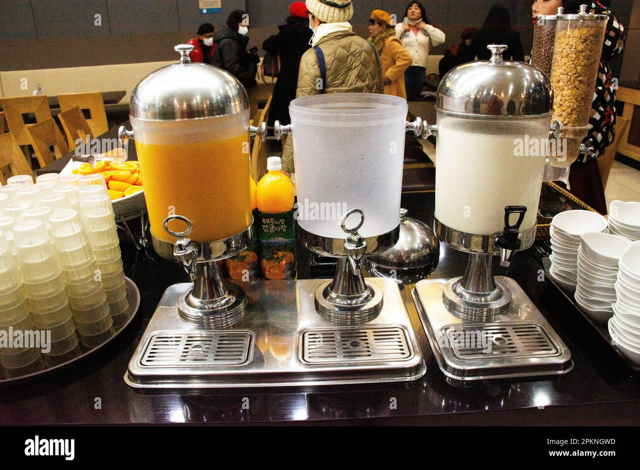 Bar drinking water buffet breakfast food in dining room in morning time ...