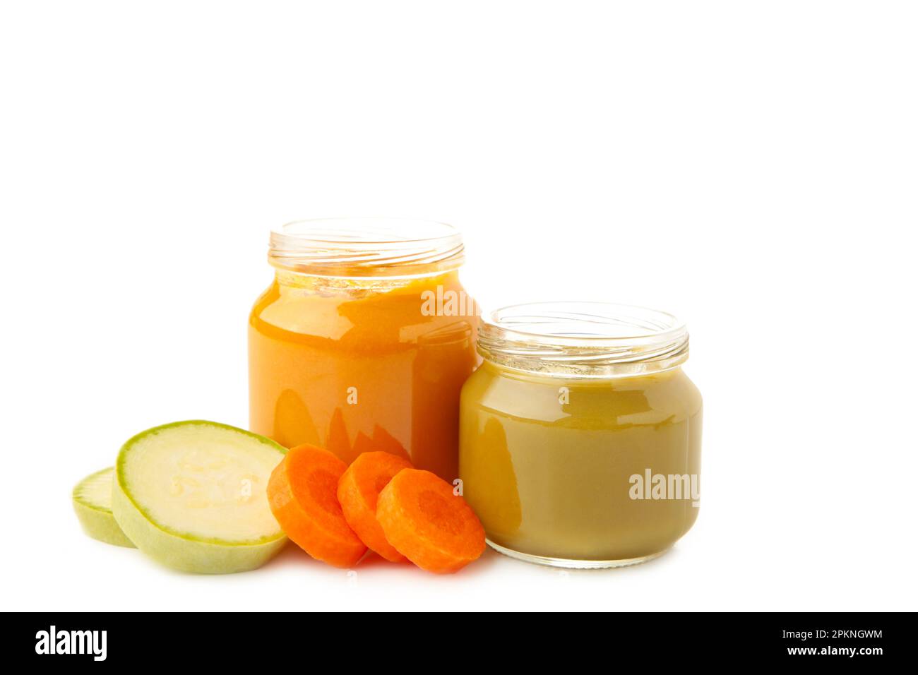 Jars of baby puree isolated on white background. Carrot and broccoli ...