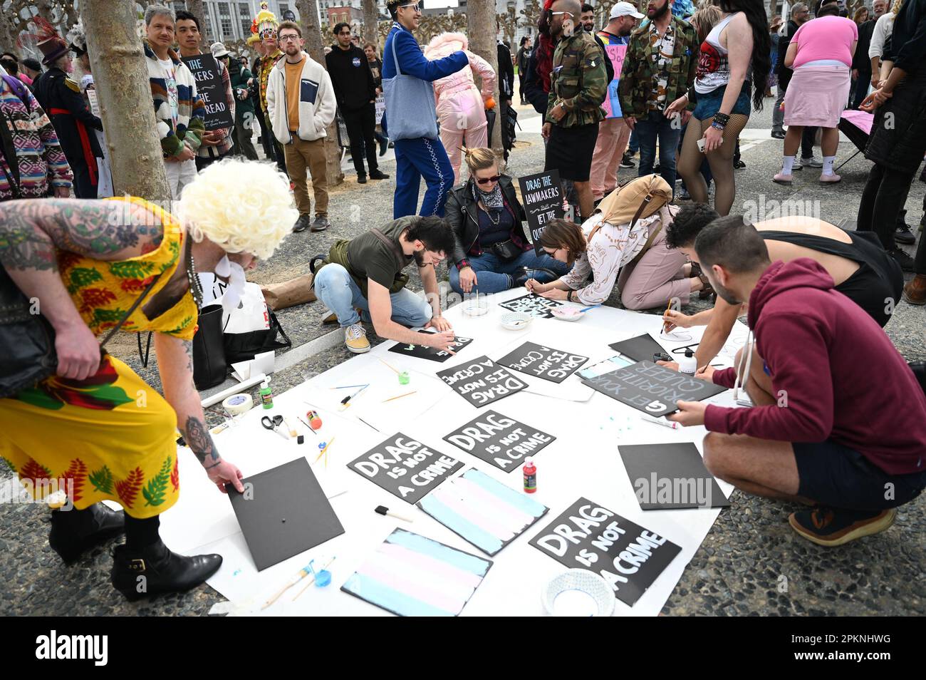 San Francisco, United States. 08th Apr, 2023. Protesters paint placards ...