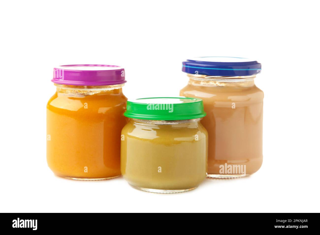 Jars of baby puree isolated on white background. Top view Stock Photo ...