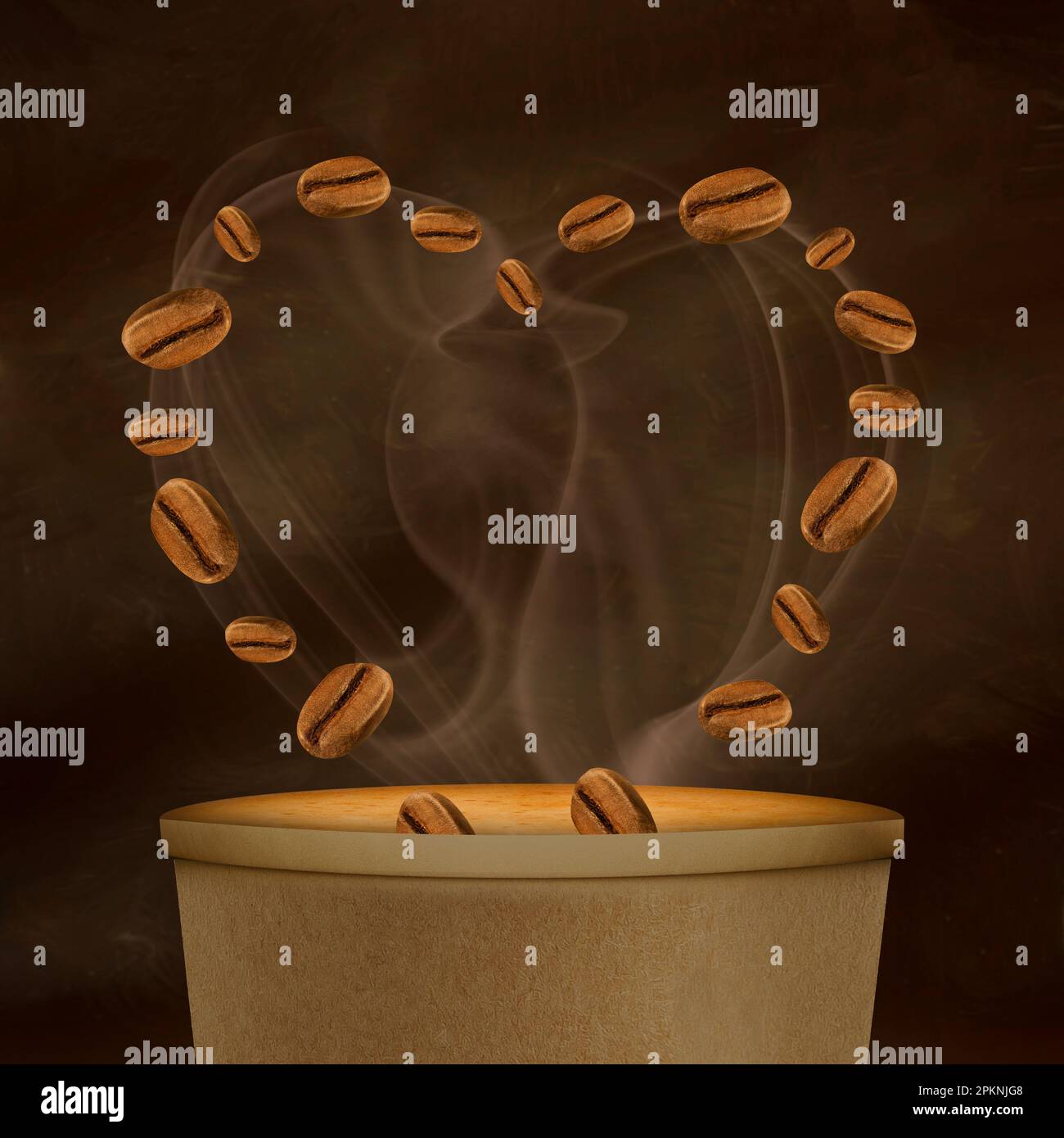 Heart shape of roasted coffee beans falling into coffee cup on brown ...