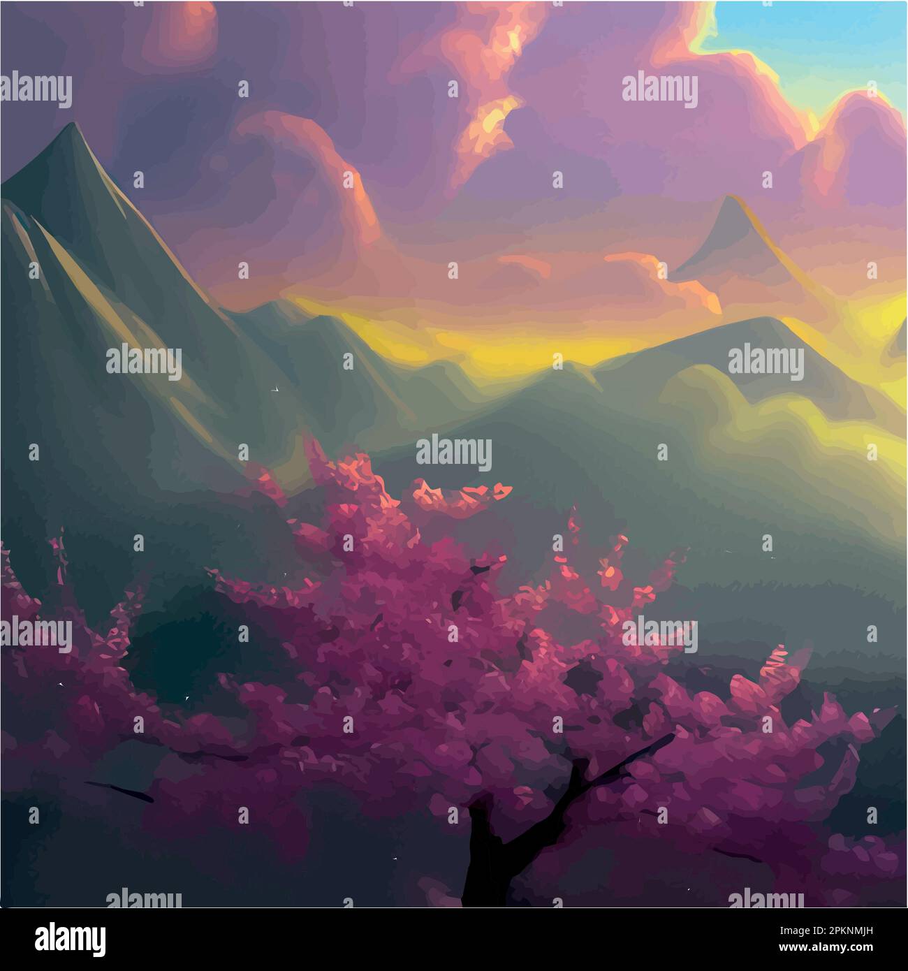 Spring landscape with cherry blossom sakura, green meadow on hill, blue ...