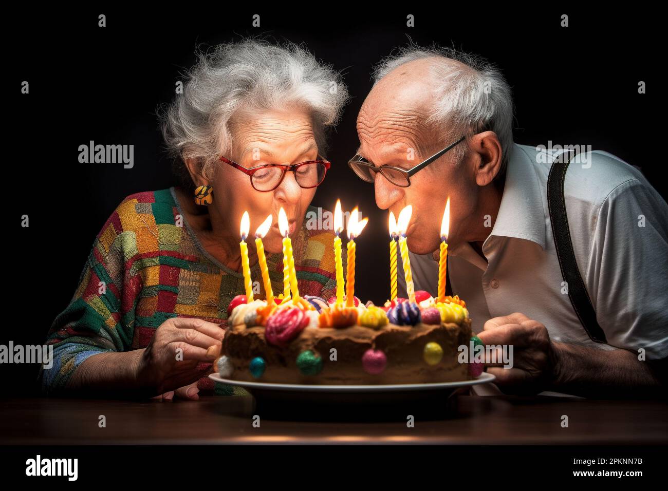 Retired Old Couple Of Husband And Wife Blowing Candles Together On An
