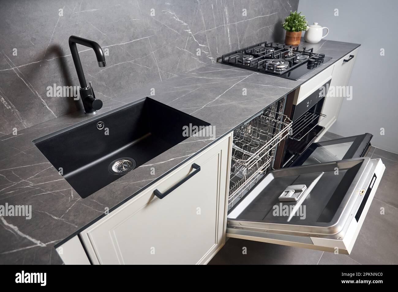 Contemporary kitchen with built-in opened dishwasher oven square black ...