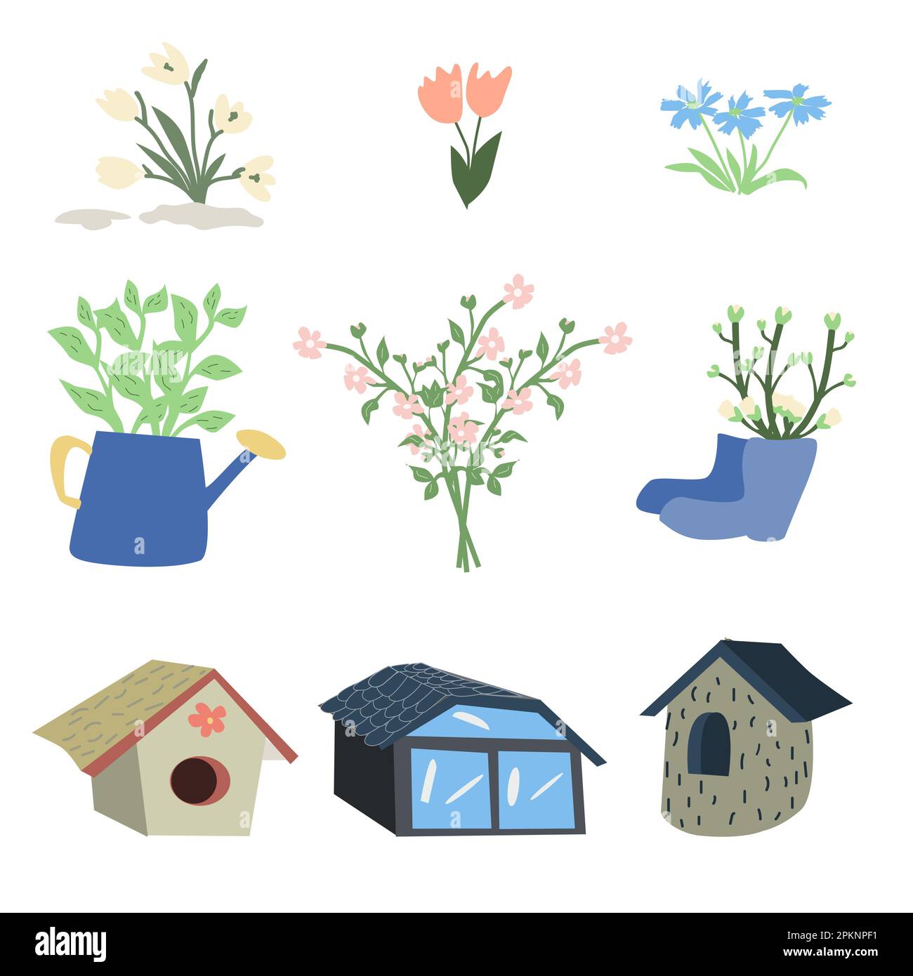 Colorful spring items set of flowers, birdhouse Stock Vector Image ...