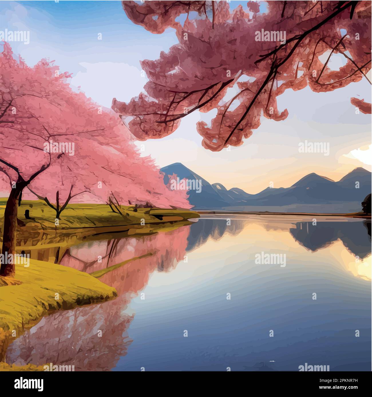 Spring landscape with cherry blossom sakura, green meadow on hill, blue ...