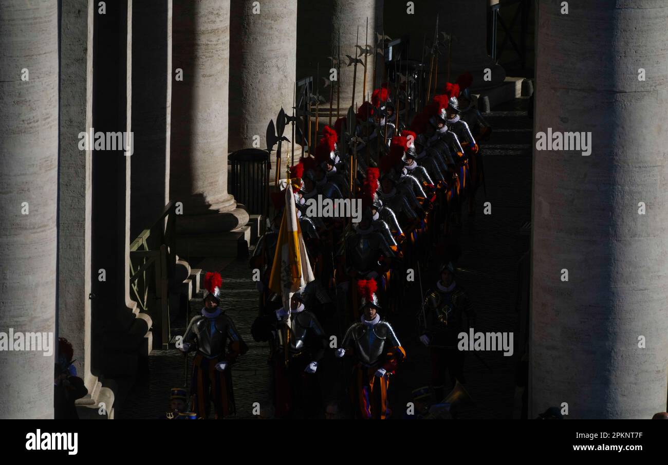 Vatican Swiss Guards arrive in St. Peter's Square at The Vatican where ...