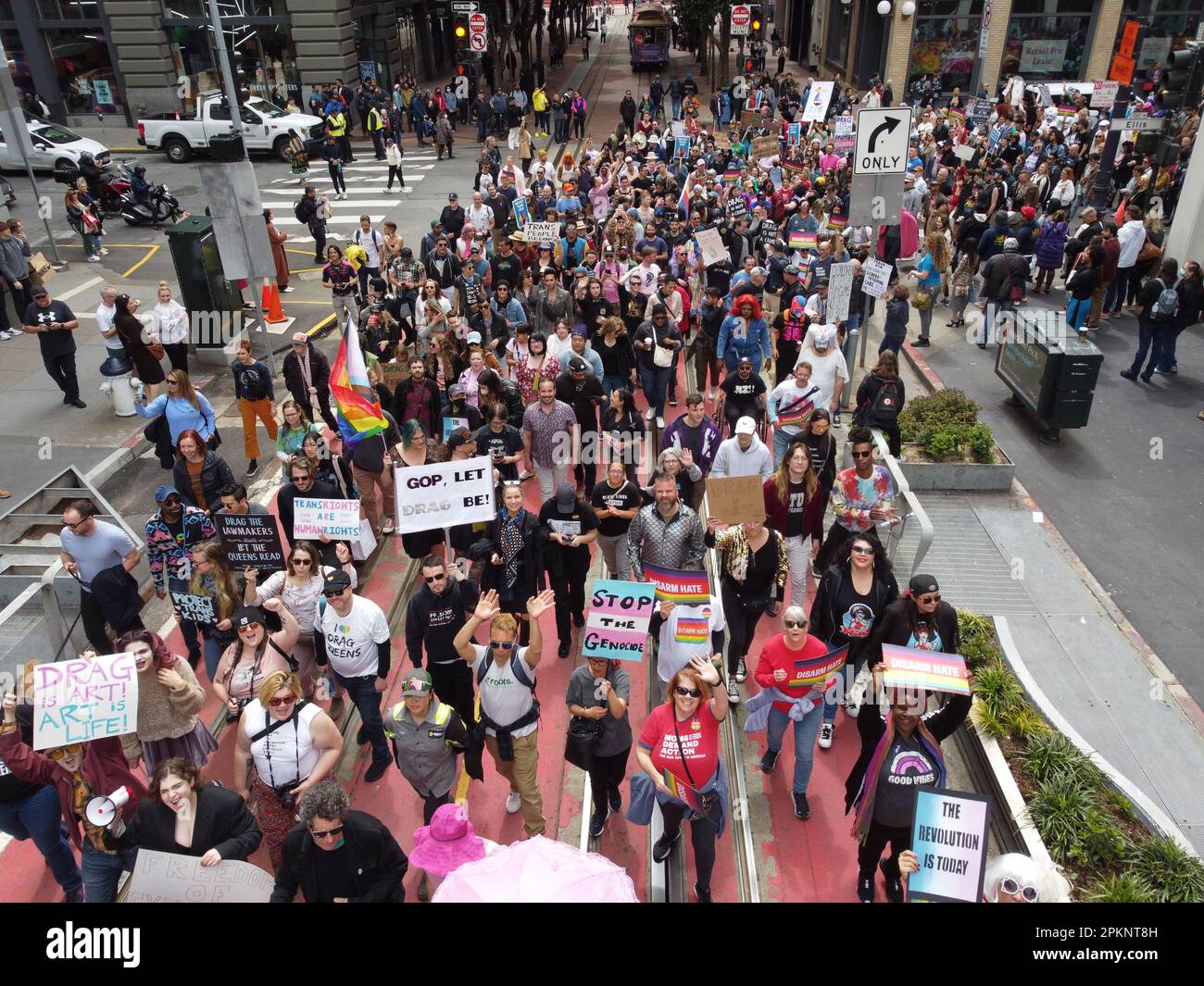 (EDITOR'S NOTE: Image taken by a drone)Protesters march with placards ...