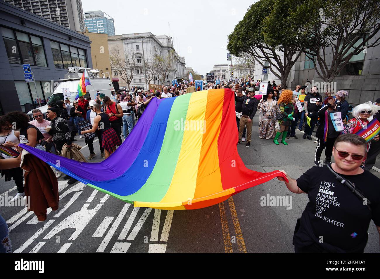 San Francisco, United States. 08th Apr, 2023. Protesters hold a huge ...