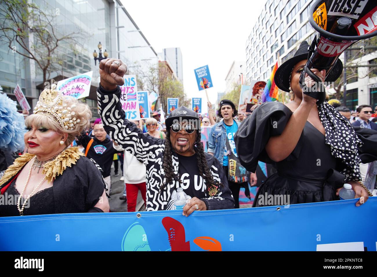 San Francisco, United States. 08th Apr, 2023. People yell their slogan ...