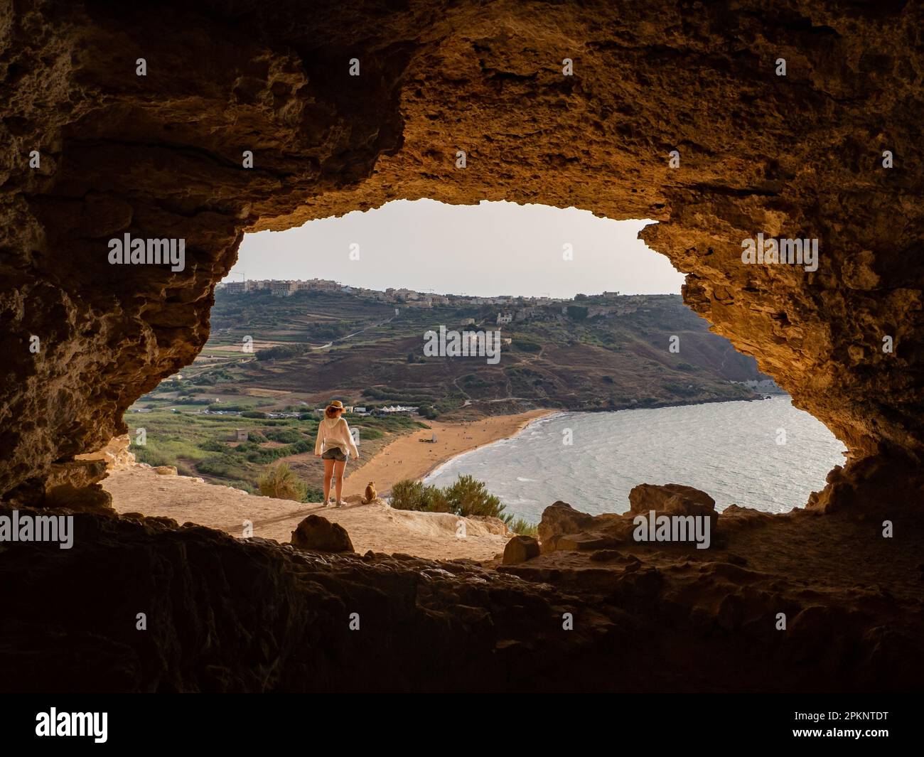 View from Tal-Mixta Cave to Ramla Bay beach on the Island of Gozo ...