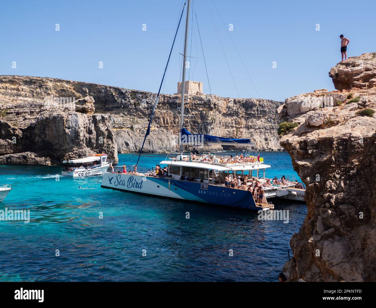 Blue Lagoon, Malta - May 2021: Big catamaran with plenty number of ...
