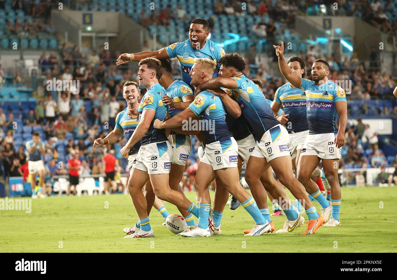 Toby Sexton of the Titans celebrates scoring a try during the NRL Round ...