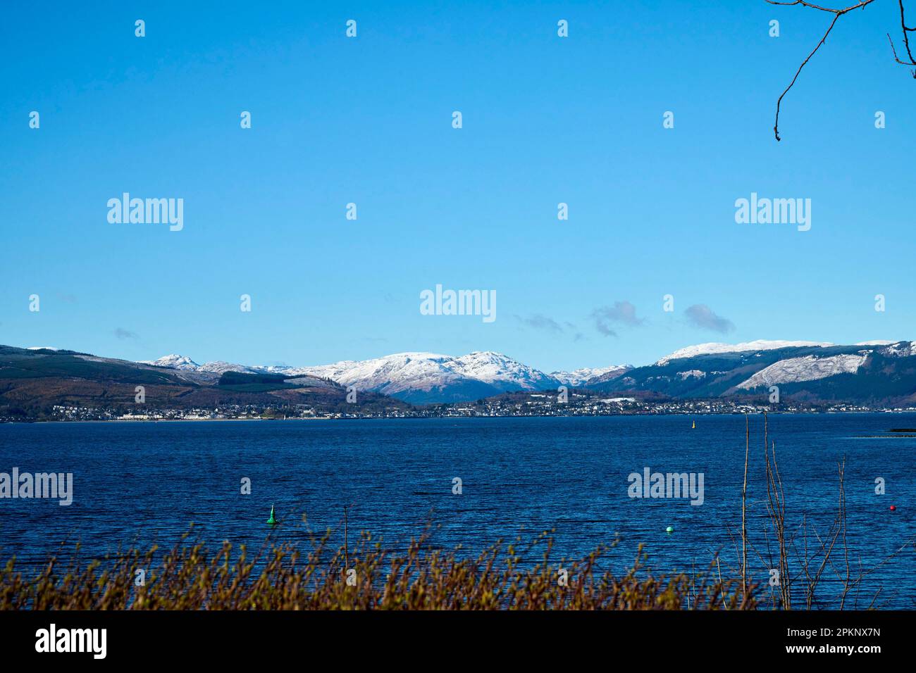 The Clyde Estuary at Inverkip Bay, Western Scotland, UK showing snow ...
