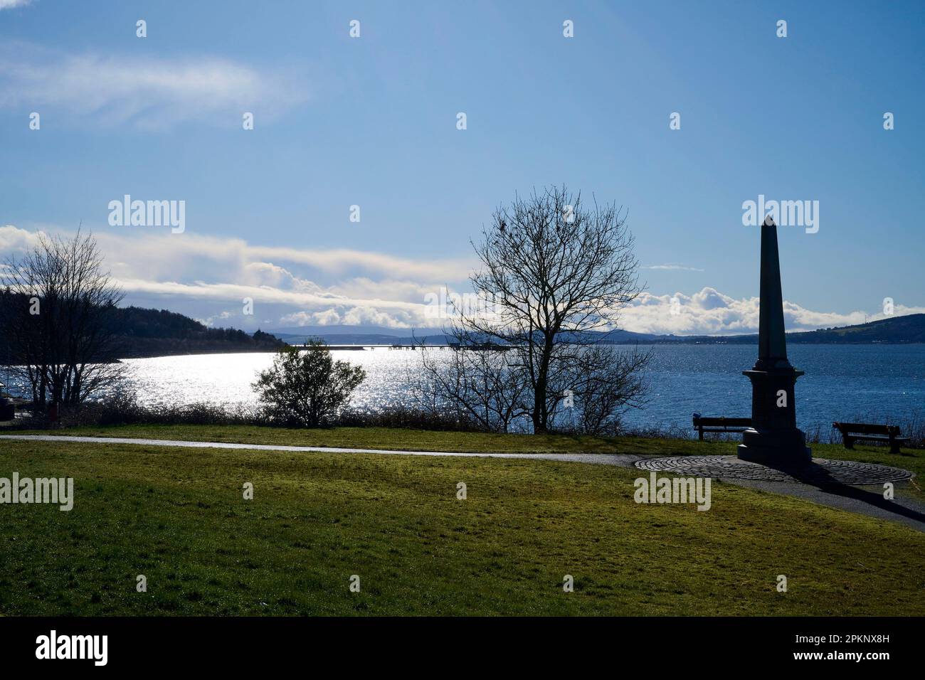 The Clyde Estuary and war memorial at Inverkip Bay, Western Scotland ...