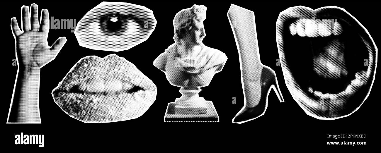 Halftone collage design elements in trendy magazine style. Hand, eye ...