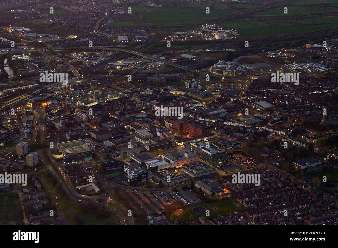 City centre of Doncaster, South Yorkshire, shot from the air, at Night ...