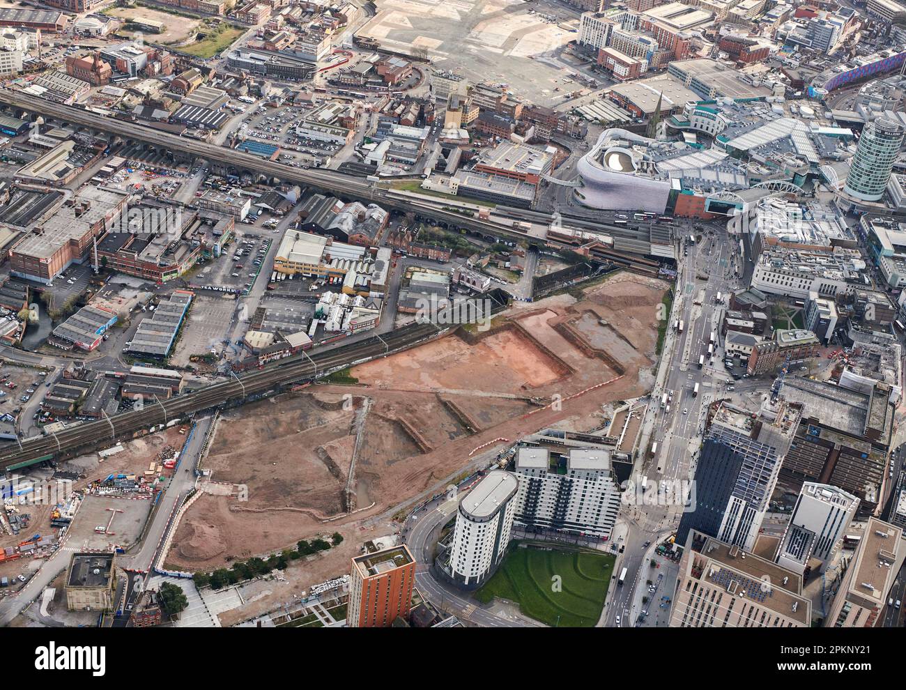 An aerial view of Birmingham City Centre showing the site of the HS2 railway station, West ...