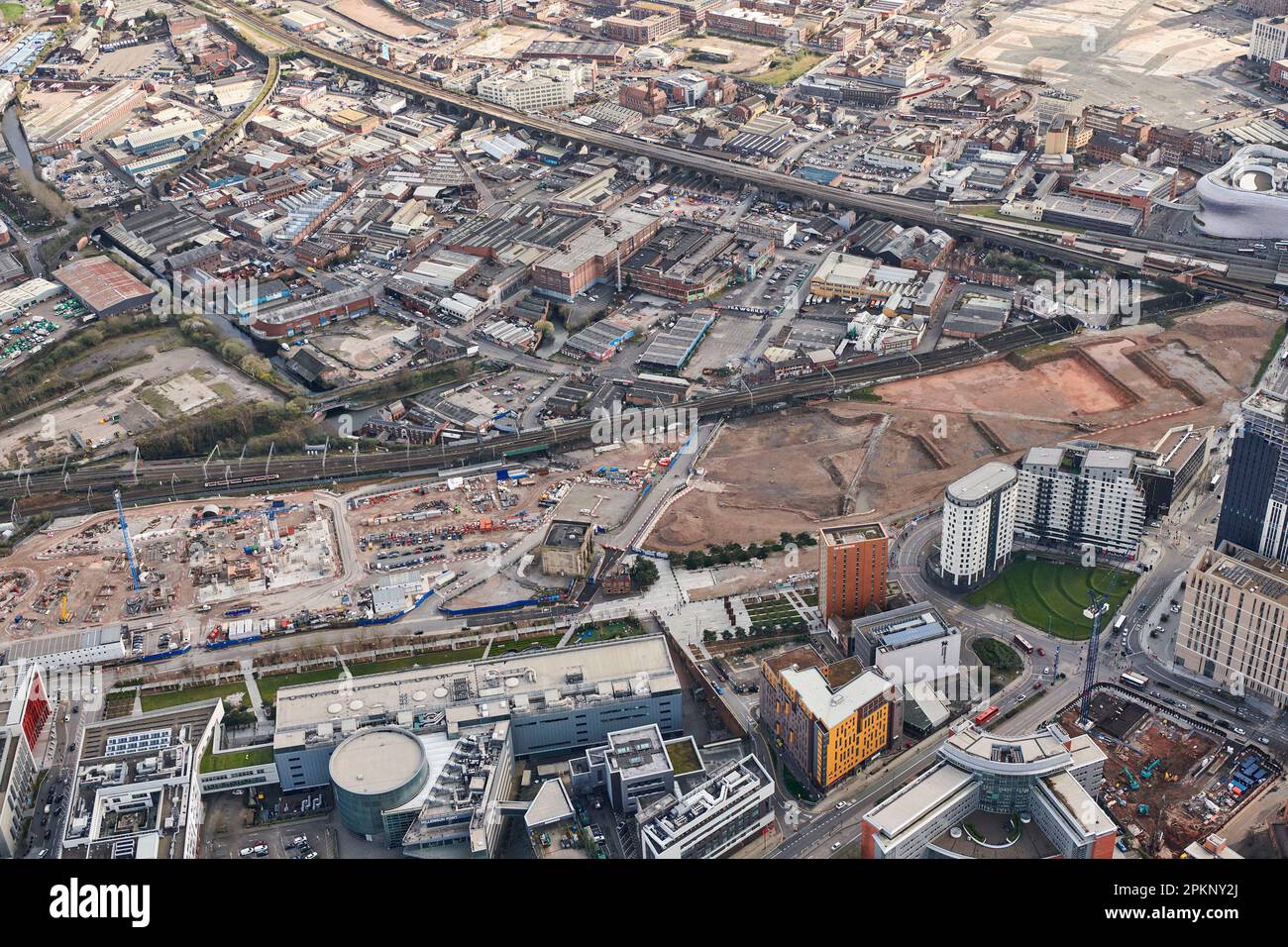 An aerial view of Birmingham City Centre showing the site of the HS2 railway station, West ...