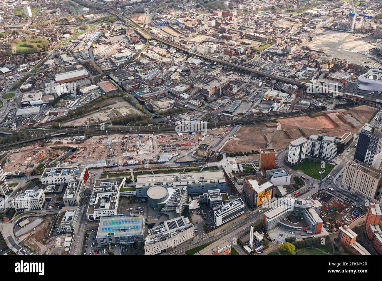 An aerial view of Birmingham City Centre showing the site of the HS2 railway station, West ...