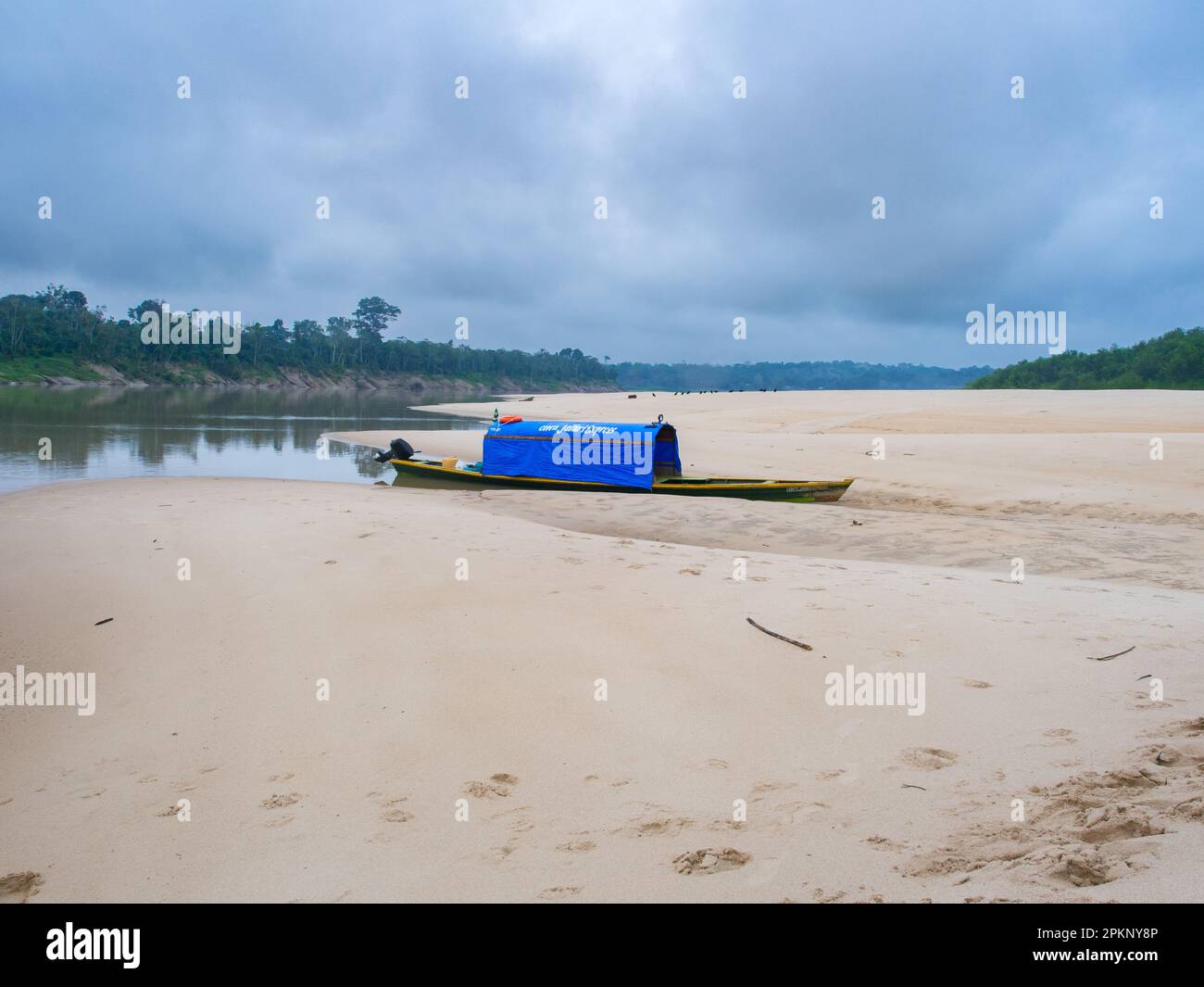 Amazonia. Latin America. Sep, 2017: Boat on the sandy Amazon beach ...