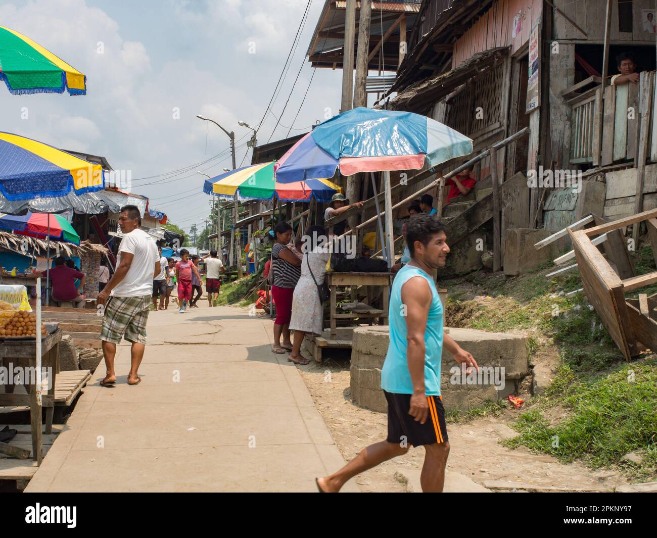 Pebas, Peru - May 2016: Bazaar in a small town in the Amazon rainforest. Pebas is called "Tierra ...