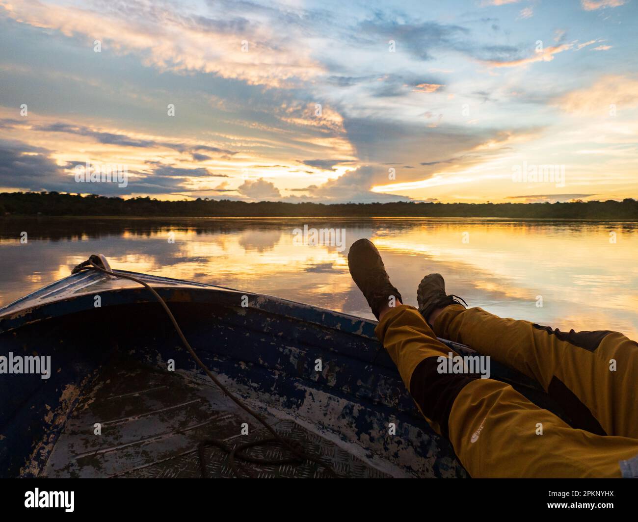 Travelling by boat into the depth of Amazon during the hight water ...
