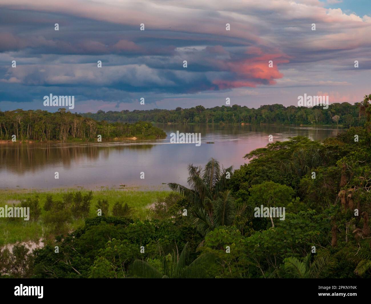 Sunset at the Javari River, the tributary of the Amazon River, Amazonia ...