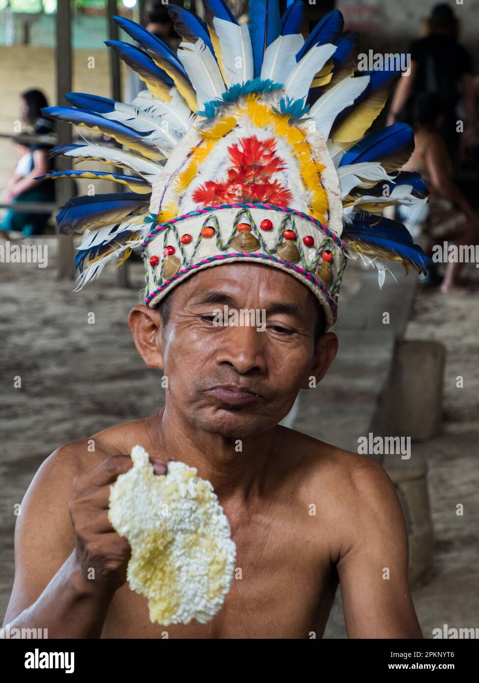 Macedonia, Leticia region, Colombia - Dec, 2021: Man from the Ticuna tribe. Native Amazonian man ...