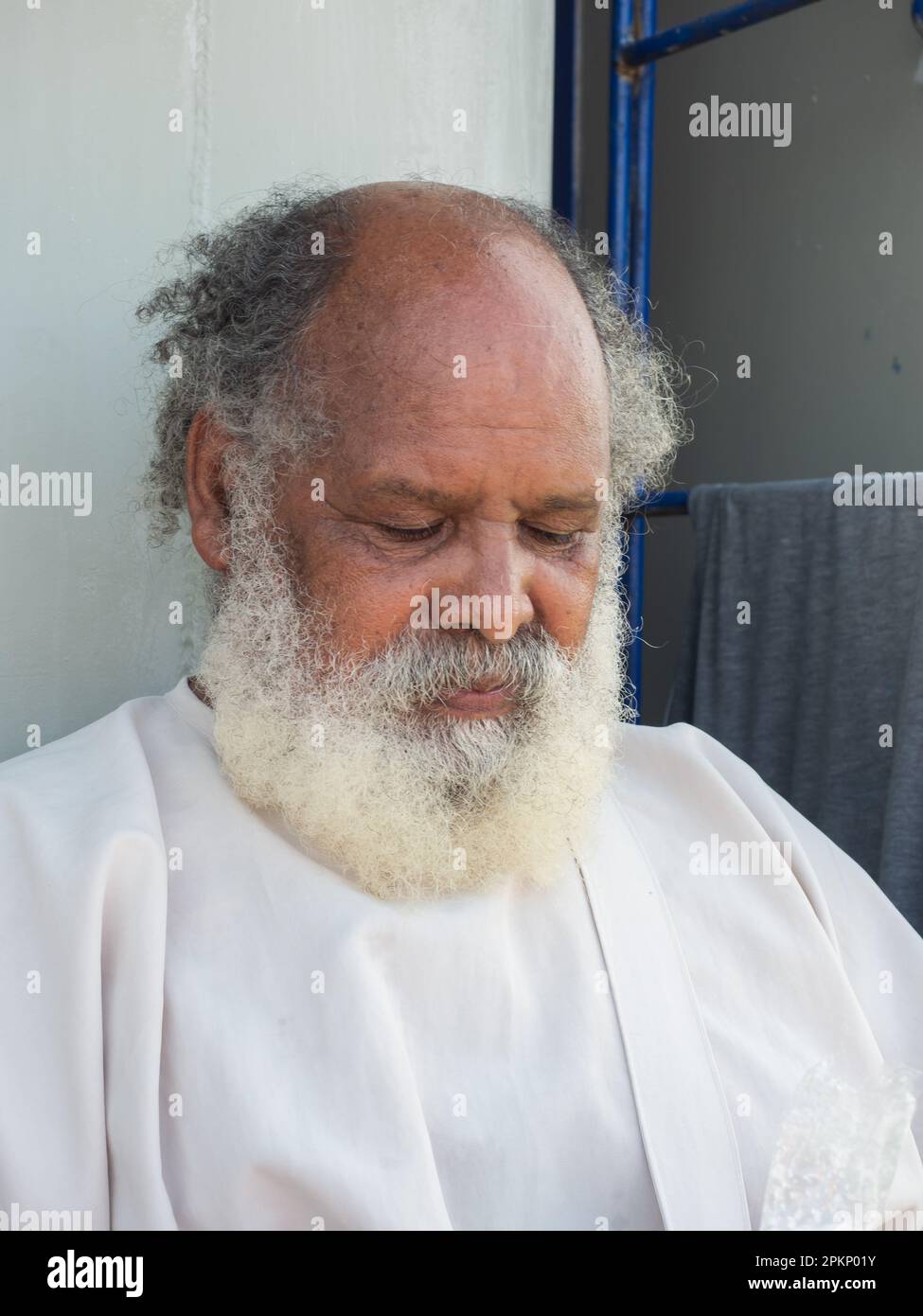 Pueblo, Peru - Mar 2018: Portrait of a preacher with a long white beard ...