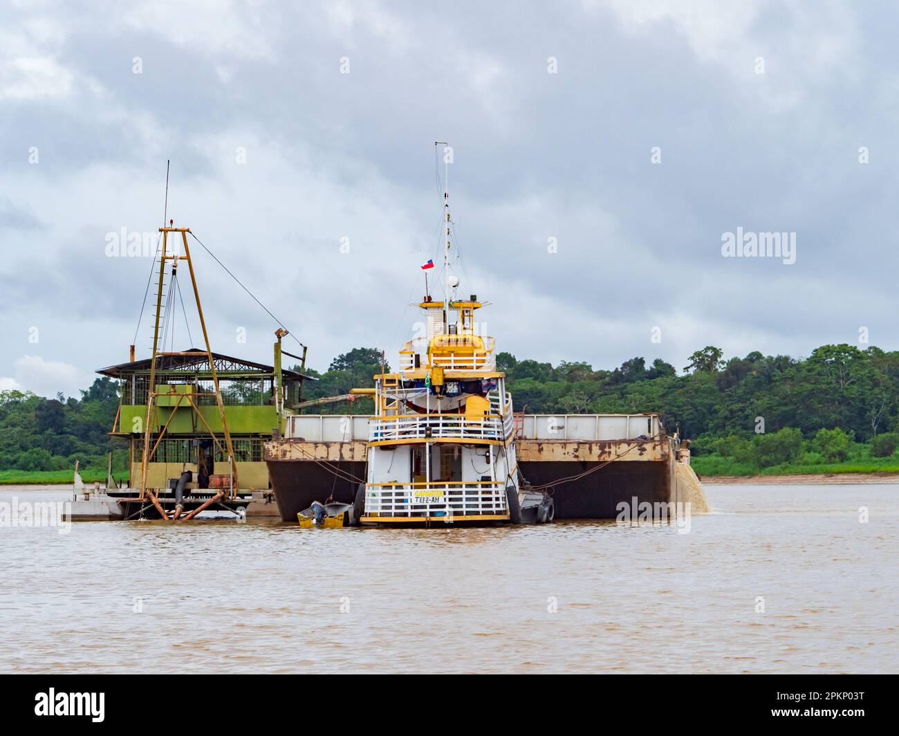Benjamin Constant, Brazil - Sep 2018: Boat used for opencast mining by ...