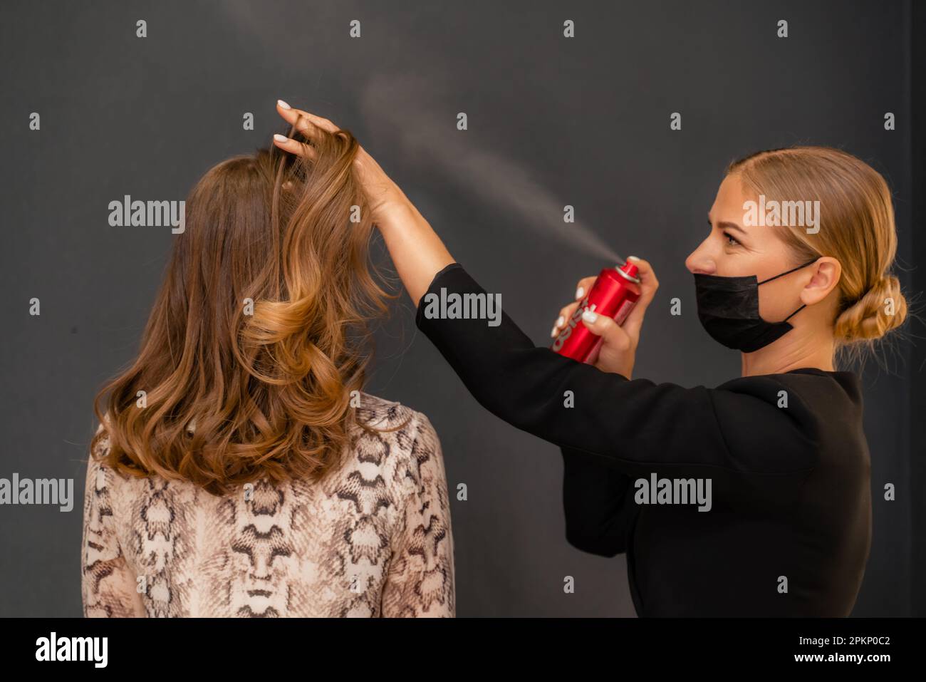 Women salon hairstyle. Hairdresser uses hairspray on client's hair in ...