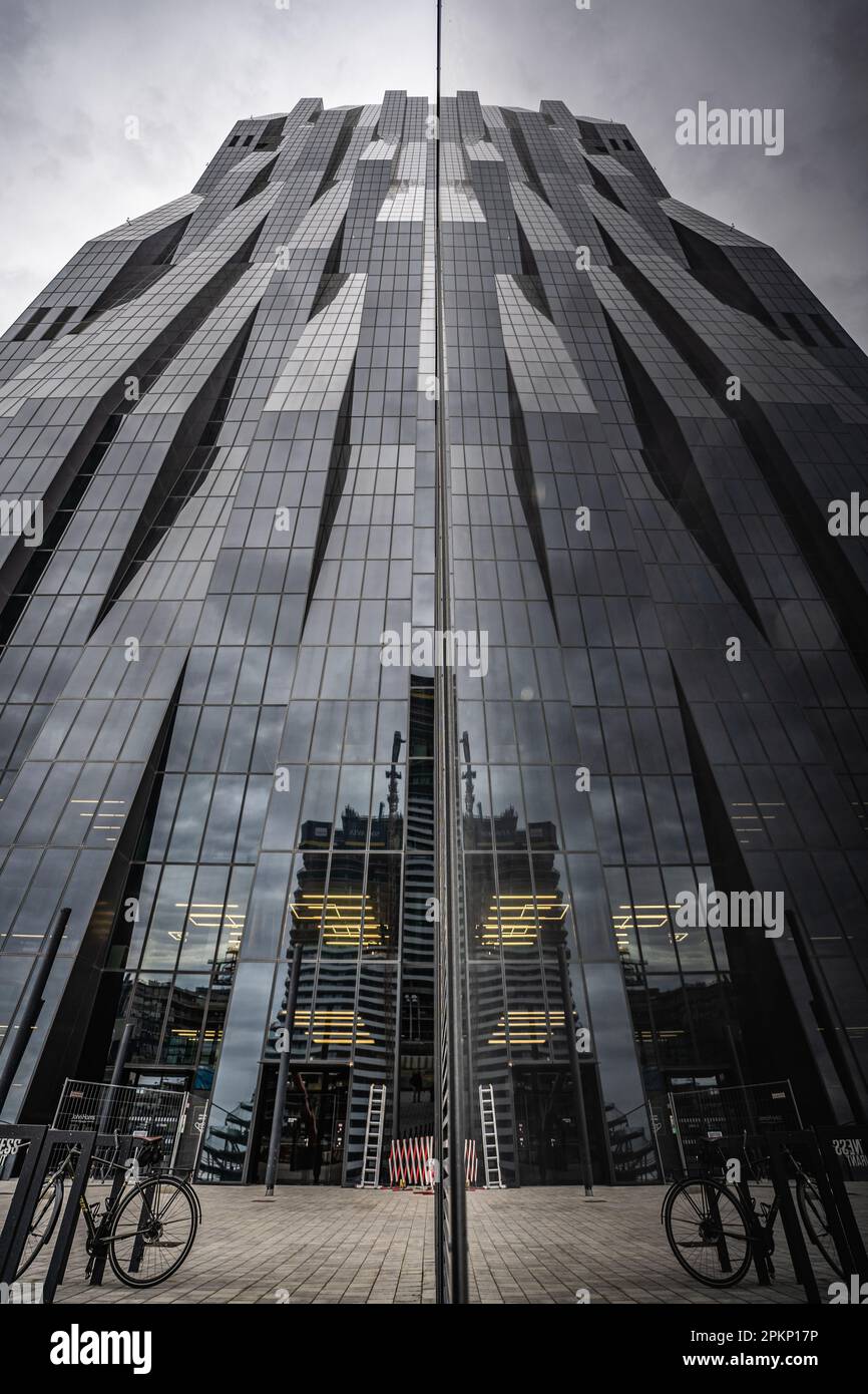 Reflection of the tallest building in Vienna from a glass wall Stock ...