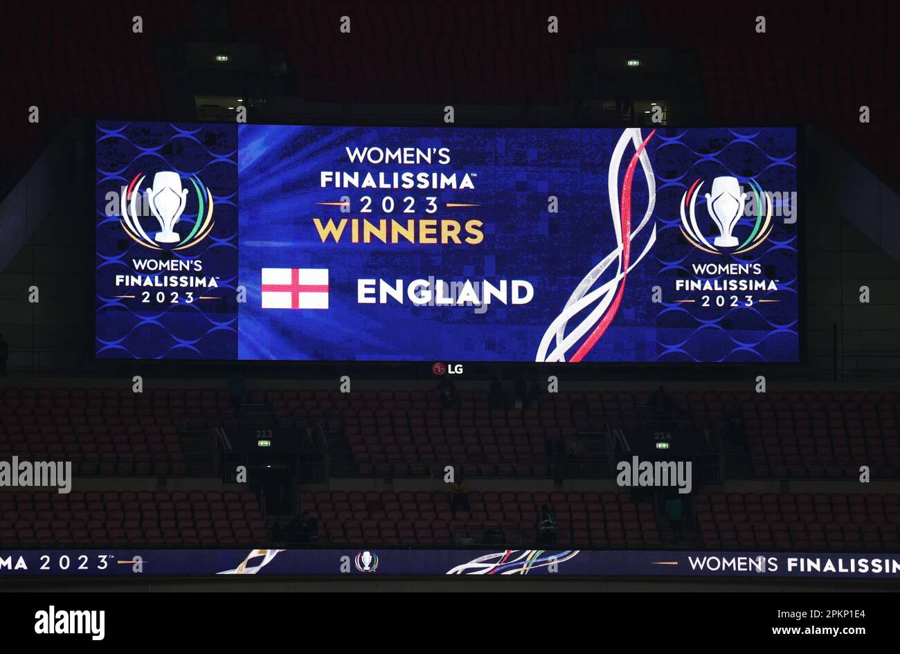 The electronic scoreboard shows England as winners at the England v ...