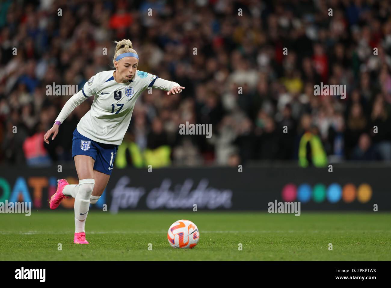 Chloe Kelly (E) scoring the winning penalty kick at the England v ...