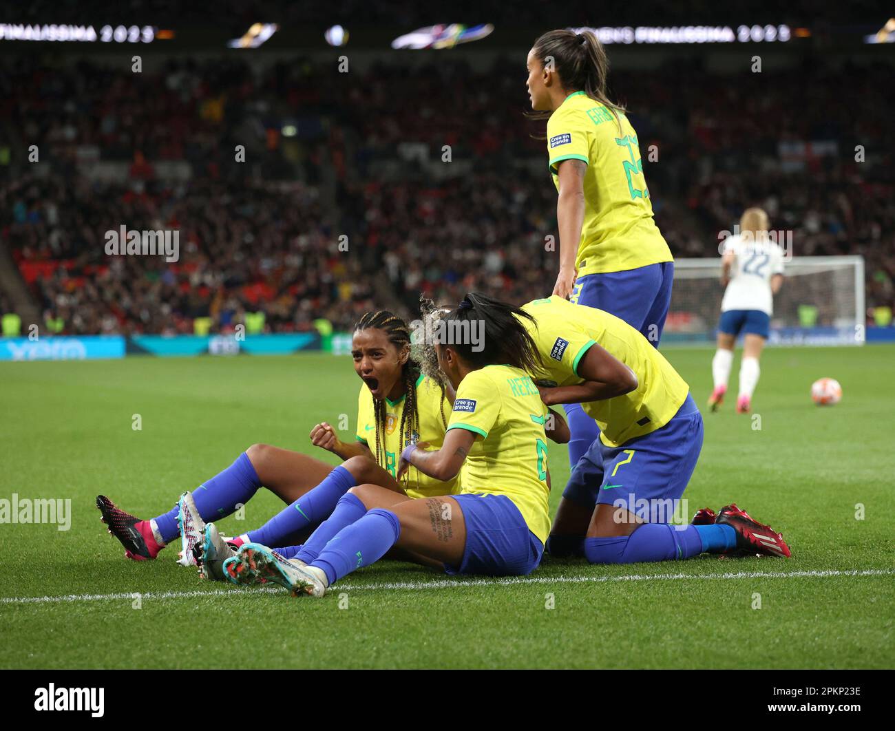 Geyse (B) celebrates scoring for Brazil at the England v Brazil UEFA ...